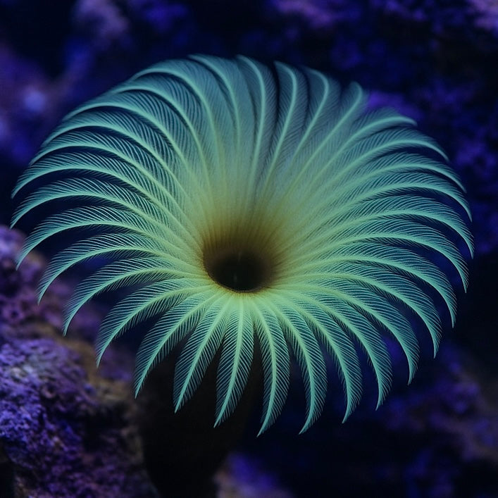 Glowing Yellow Feather Duster Fan Worm | Corals Anonymous